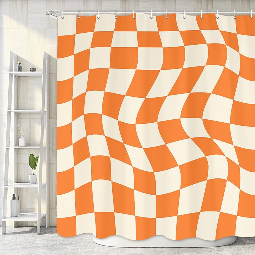 Boho Beige Checkerboard Shower Curtain,Cute Aesthetic 60S 70S Abstract Wavy Swirl Shower Curtain ...