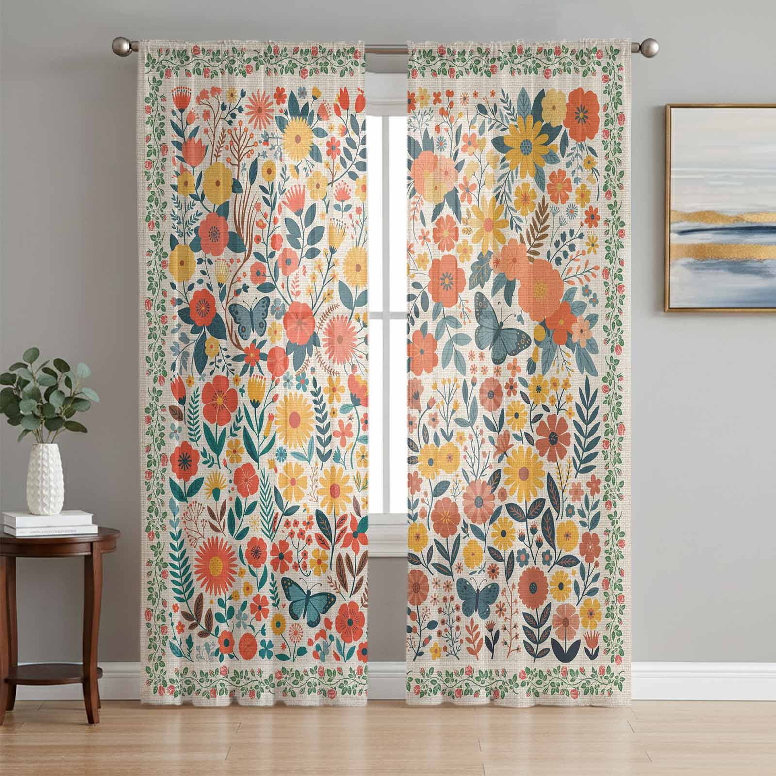 Boho Beige Flowers Sheer Curtains 63 Inch Length 2 Panels Set Window ...