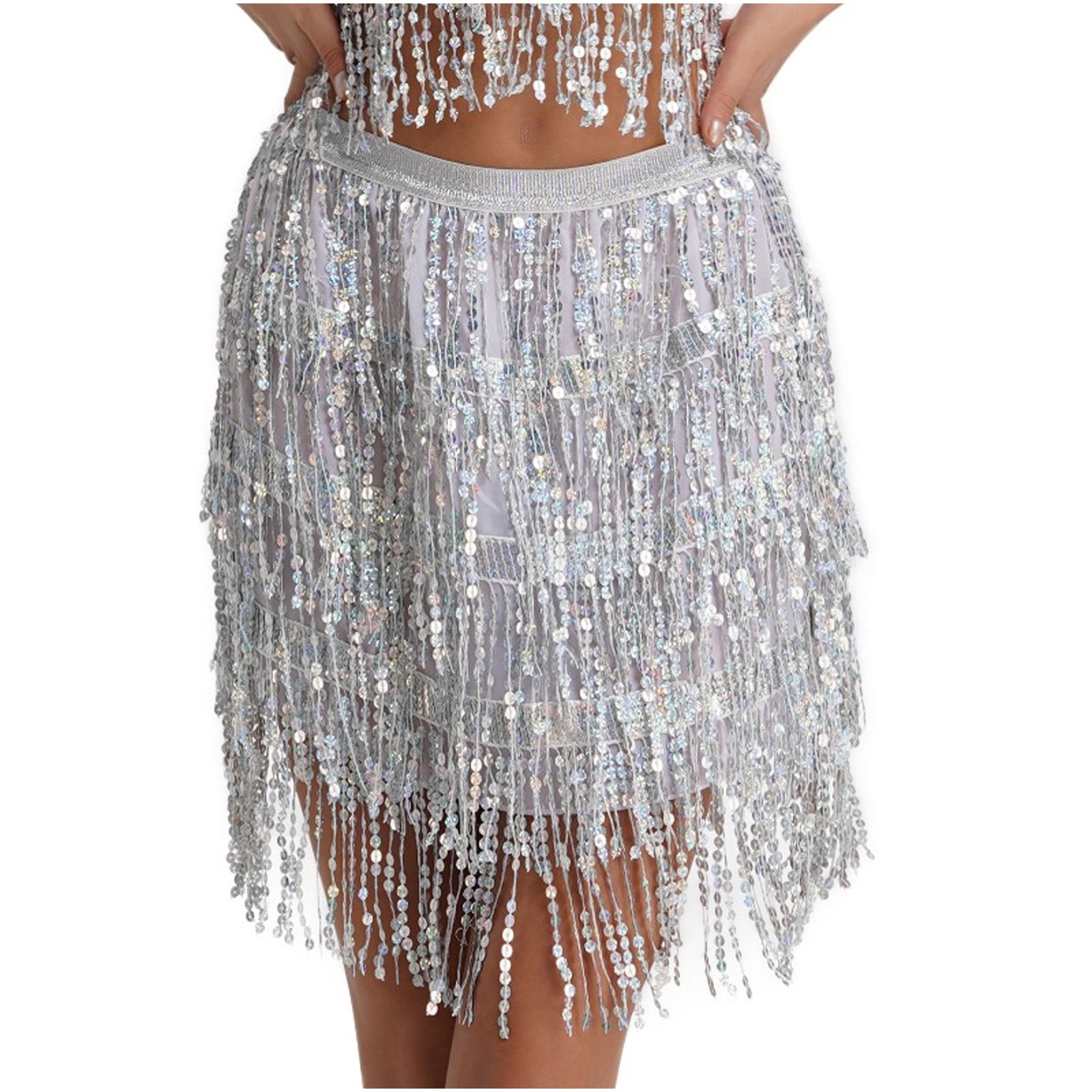 Boho Belly Dance Skirt Belly Hip Scarf Sparkly Fringe Skirt Sequin Tassel Wrap Party Club Mini ...