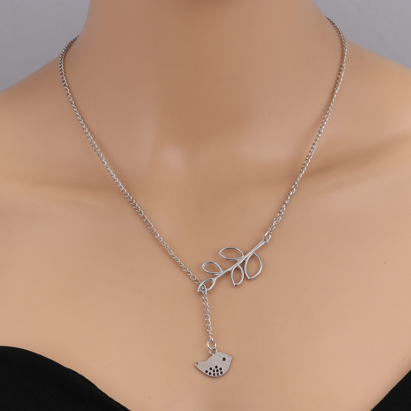 Boho Bird Branch Lariat Necklace Hollow Leaf Choker Silver Olive Drop ...