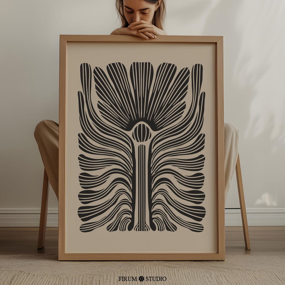 Boho Black And Beige Floral Print, Abstract Organic Wall Art, Modern ...