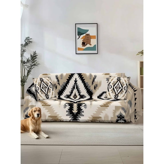 Boho Black Brown Couch Cover, Southwestern Geometric Ethnic Retro ...