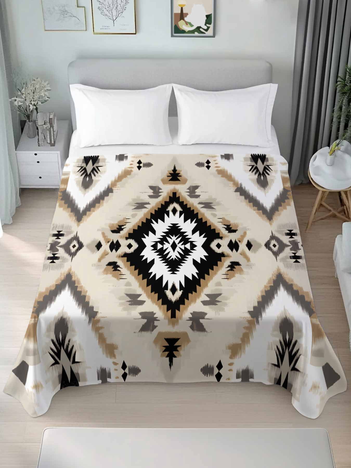 Boho Black Brown King Size Flat Sheet, Wrinkleproof & Fadeproof Cooling ...