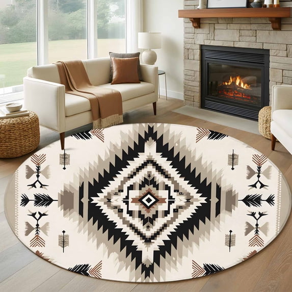 Boho Black Brown Round Area Rug 5 FT, Non Slip Bedroom Rugs, Geometric ...