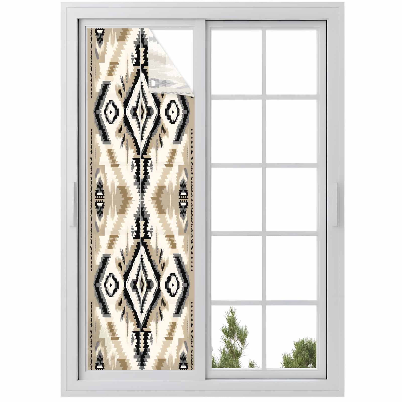 Boho Black Brown Window Privacy Film, Southwestern Geometric Ethnic ...