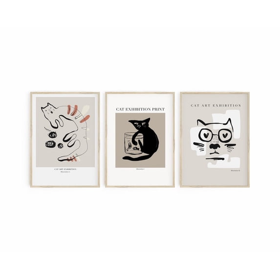 Boho Black Cat Print Set Abstract Cat Exhibition Illustration Art Set 3 ...