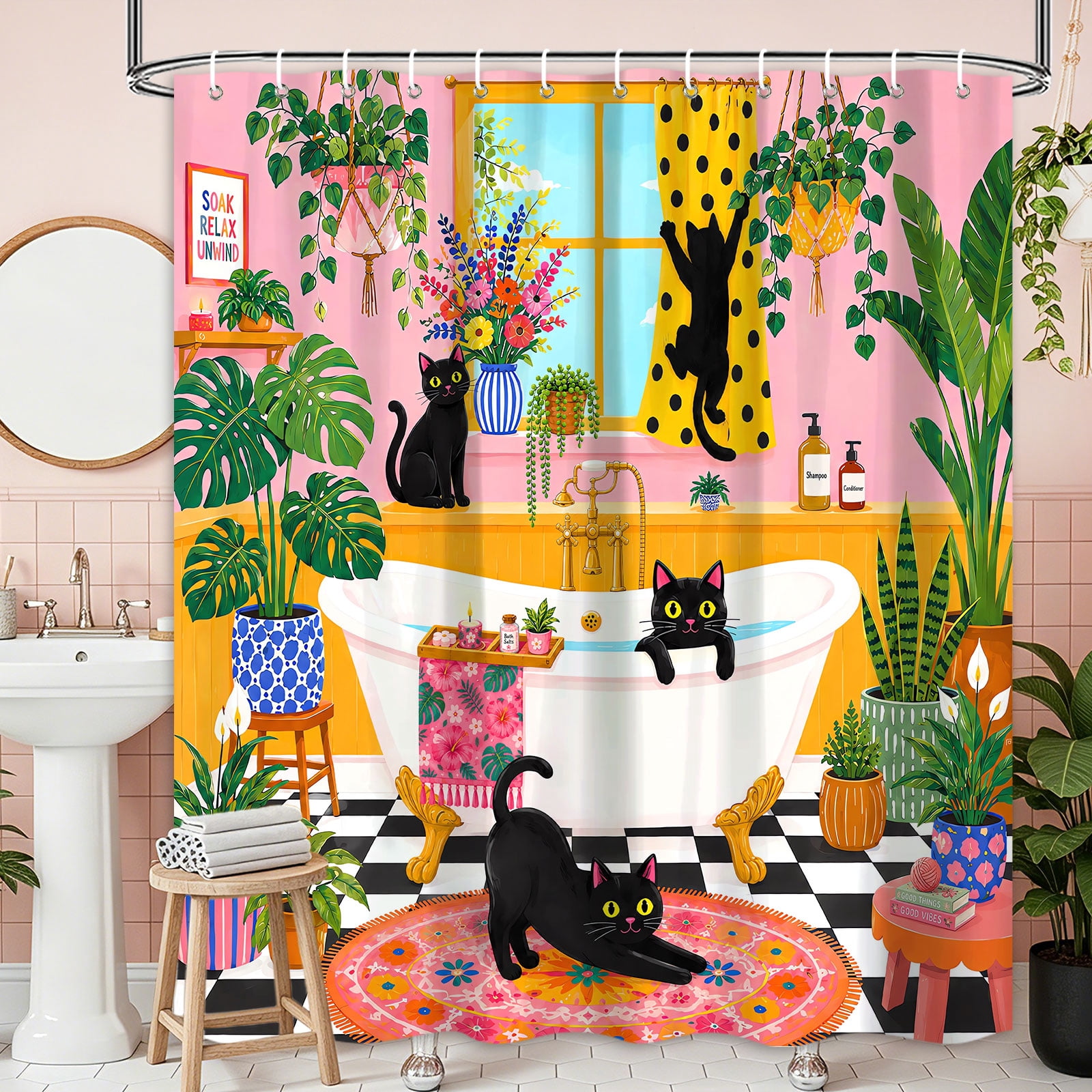 Boho Black Cat Shower Curtain, Colorful Tropical Plant Bathroom Decor ...