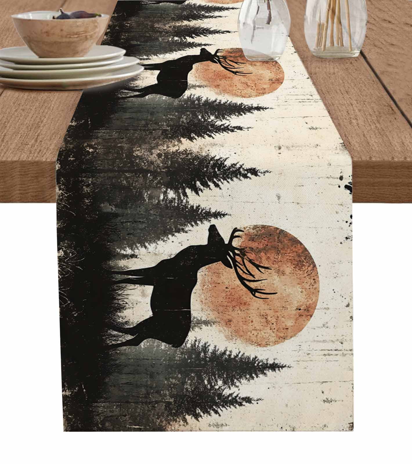 Boho Black Elk Table Runner 120 Inches, Vintage Forest Deer Wildllife ...