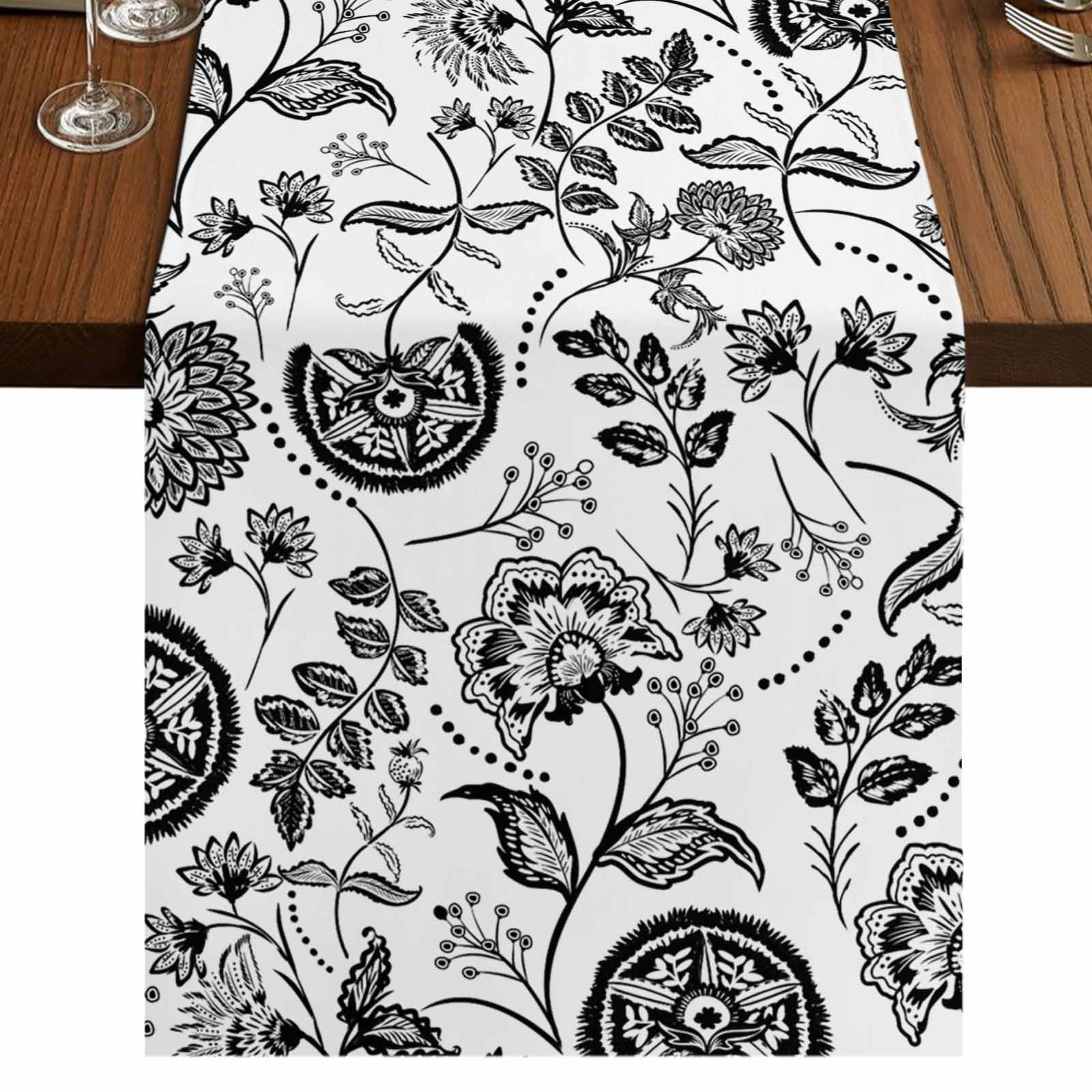Boho Black Floral 48 Inch Table Runner, Vintage Farmhouse Paisley Plant ...