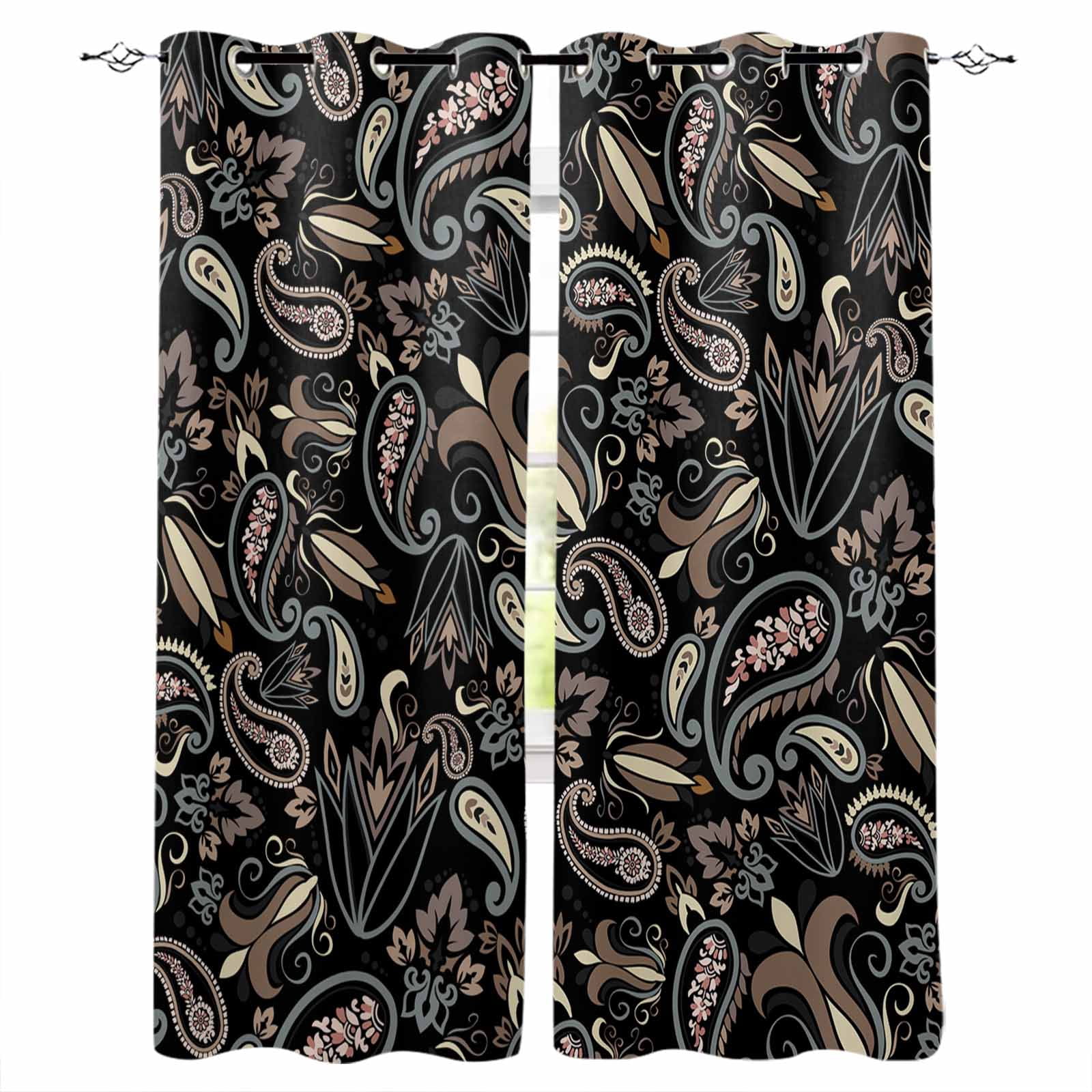 Boho Black Floral Blackout Curtains 63 Inches Long,Thermal Insualted ...