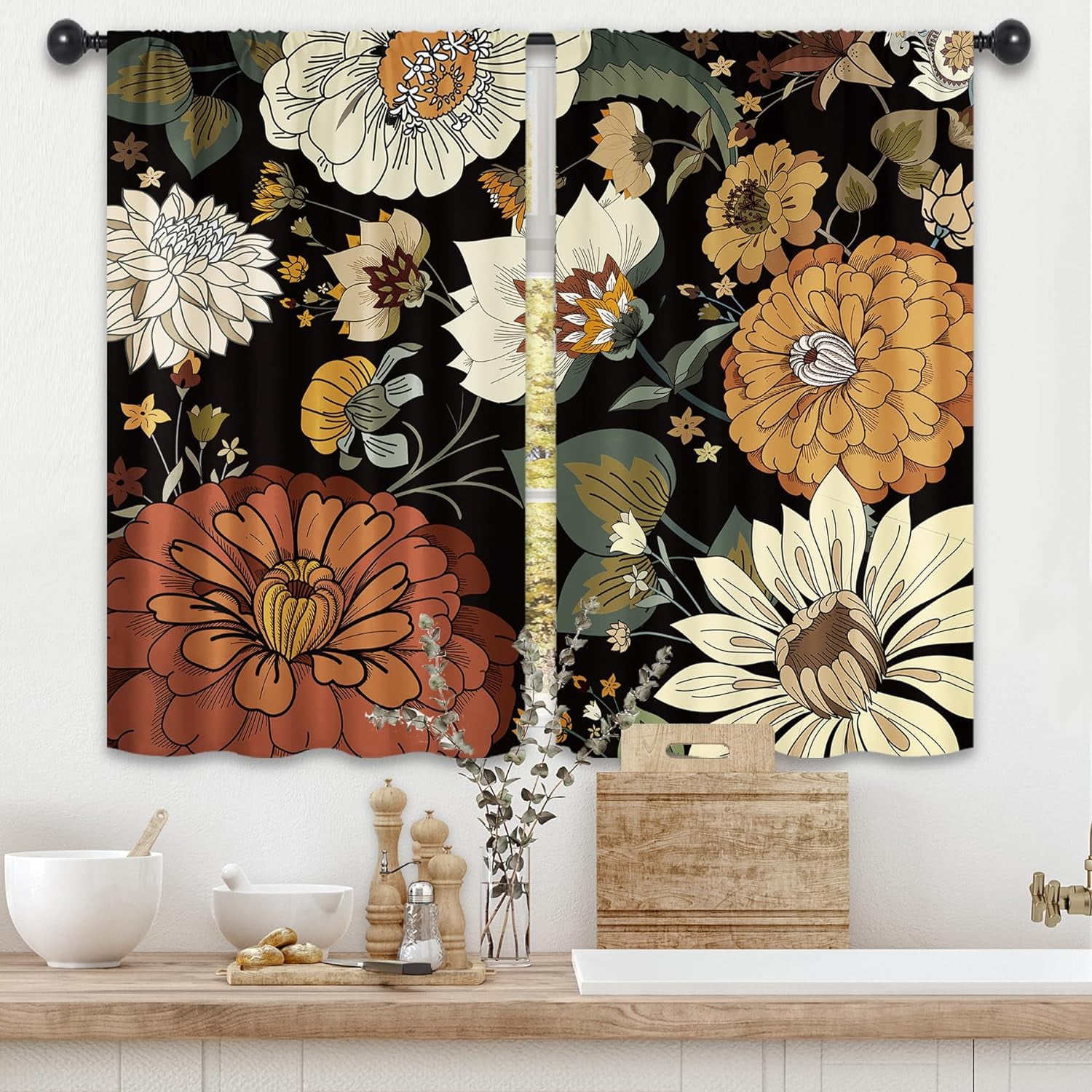Boho Black Floral Flower Kitchen Curtains 27.5W x 39L Inch Botanical ...
