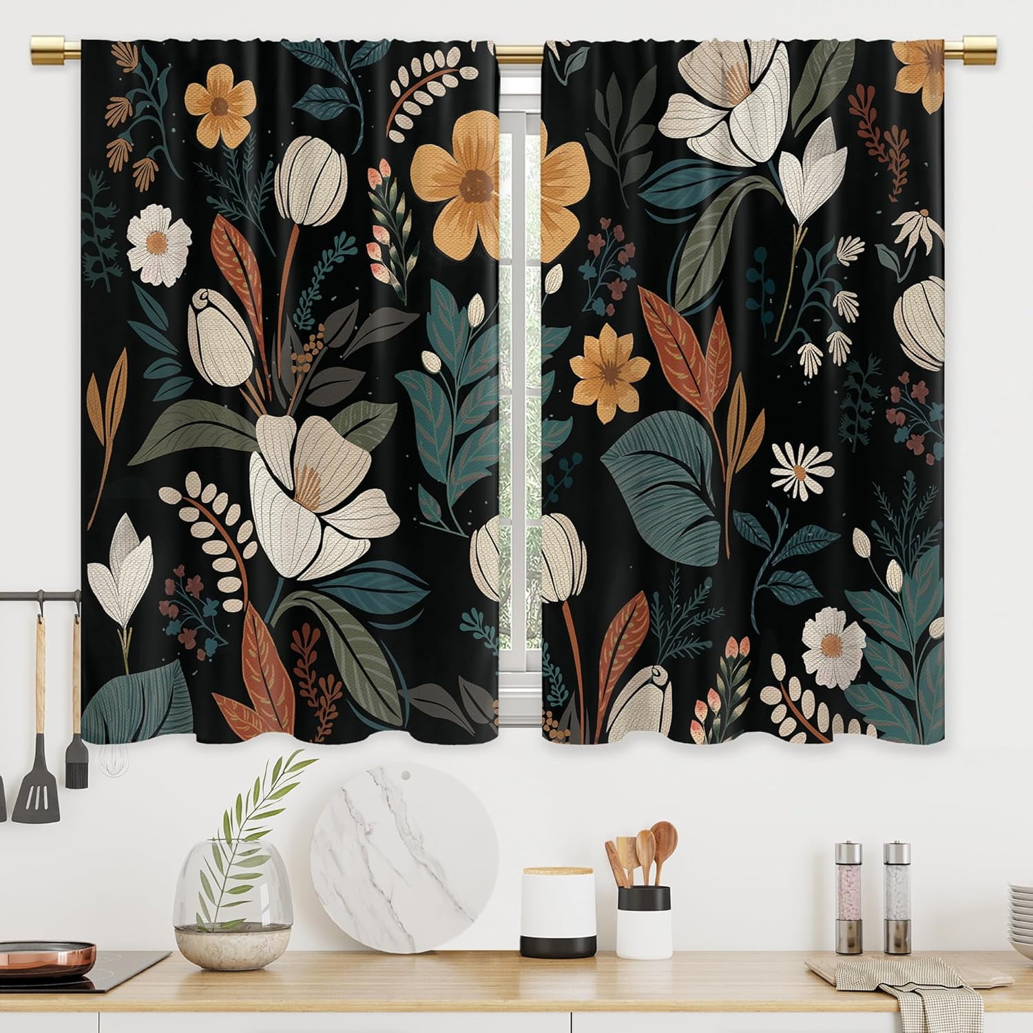 Boho Black Floral Kitchen Curtains Rustic Flower Bathroom Curtains ...
