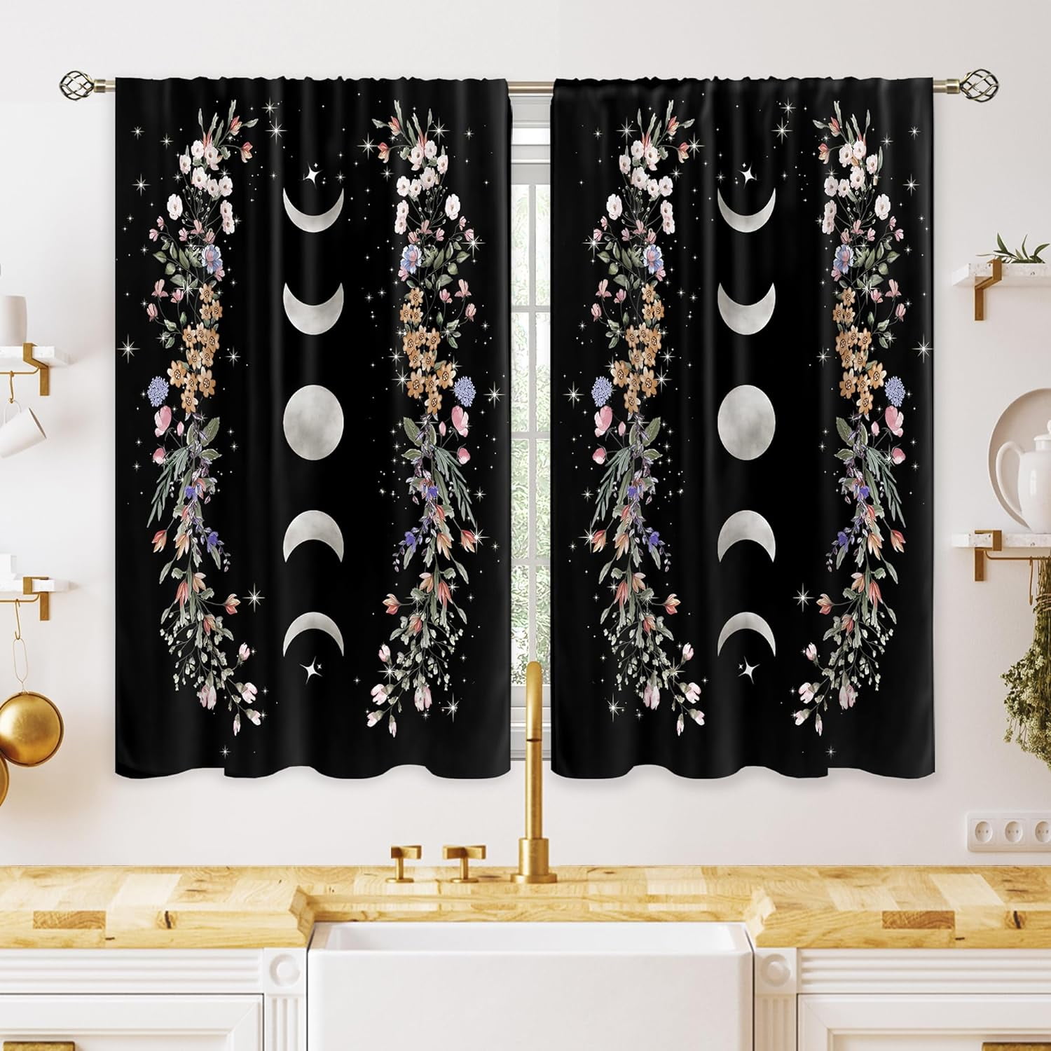 Boho Black Floral Small Kitchen Curtains Flower Moon Window Treatment ...