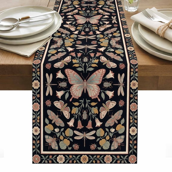 Boho Black Flower Table Runner Vintage Bohemia Butterflies Floral Plant ...