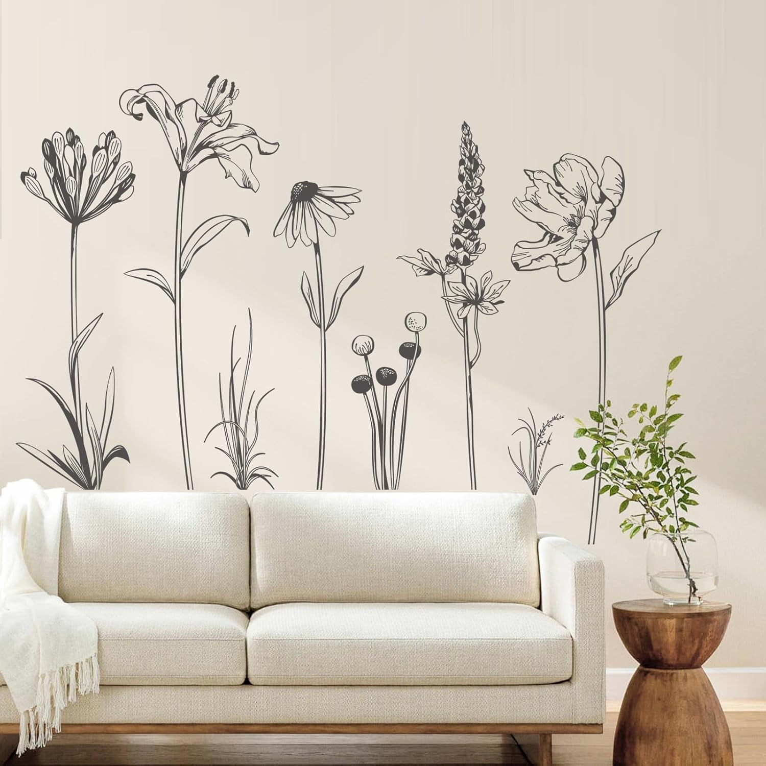 Boho Black Flower Wall Decals Simple Sketch Wildflower Floral Wall ...