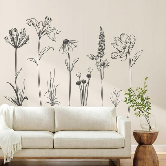 Boho Black Flower Wall Decals Simple Sketch Wildflower Floral Wall ...