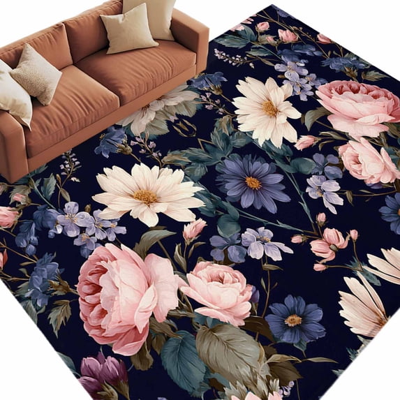 Boho Black Flowers Area Rug 5x7 Washable Rug Non Slip Vintage Pink ...