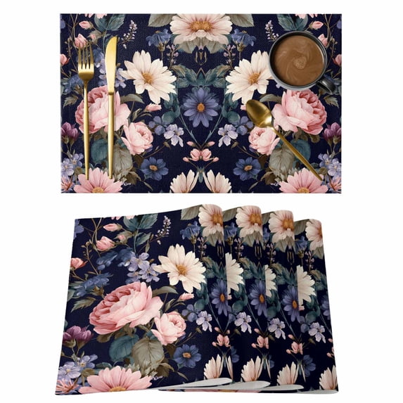 Boho Black Flowers Placemats Set of 6 Vintage Pink Purple Floral Leaf ...