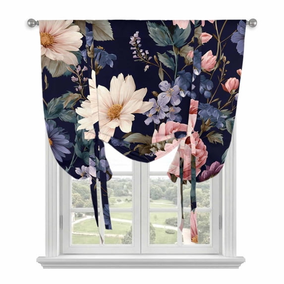 Boho Black Flowers Tie Up Curtains for Window, Thermal Insulated ...