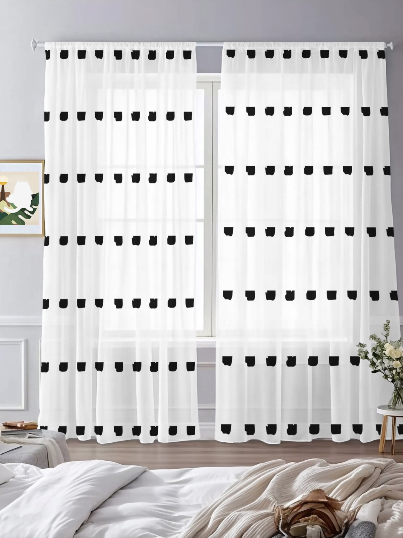 Boho Black Geometric Dots on White Sheer Curtains 2 Panels Set Modern ...