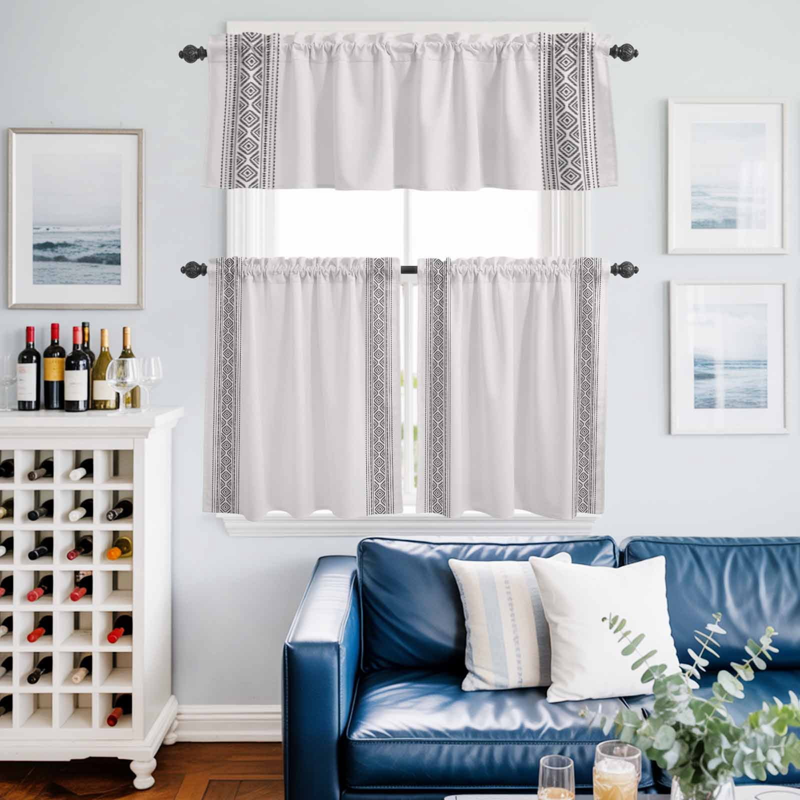 Boho Black Geometric Texture Curtain Tier and Valance Set 3 Piece,Retro ...