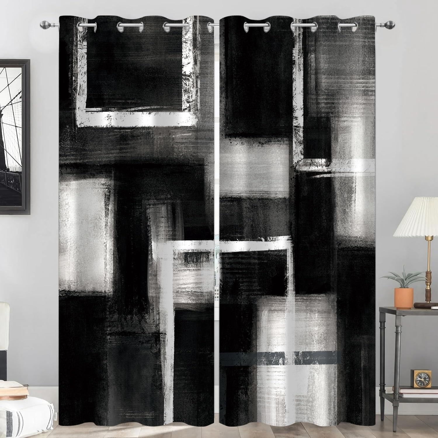 Boho Black and Grey Abstract Blackout Curtains, Retro Rustic Gray ...
