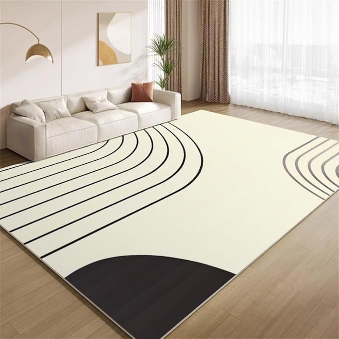 Boho Black Lines Area Rug, Mid Century Modern Rug, Non-Slip Machine ...