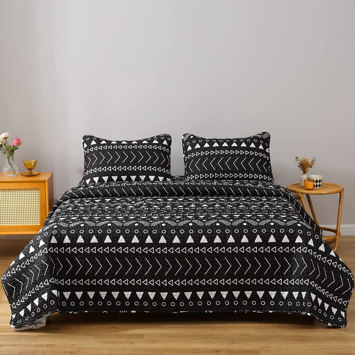 Boho Black Quilt Set King Farmhouse Bedding Bedspread King Size Black ...
