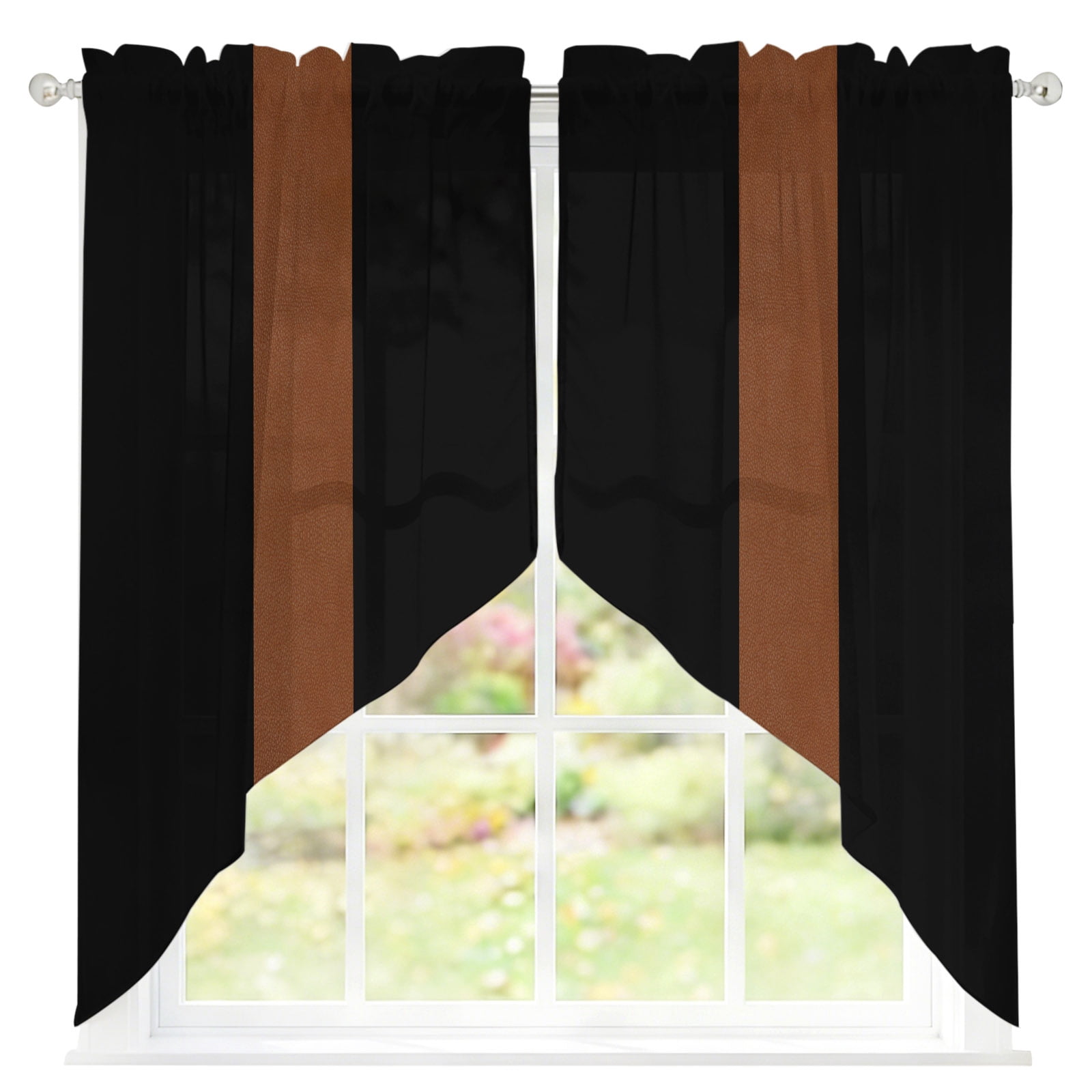 Boho Black Sheer Curtains Swag Valances for Windows and Brown Striped ...