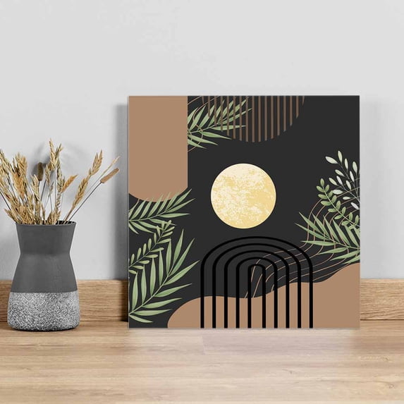 Boho Black Wall Art Painting on Canvas, Brown Modern Stripes Moon ...