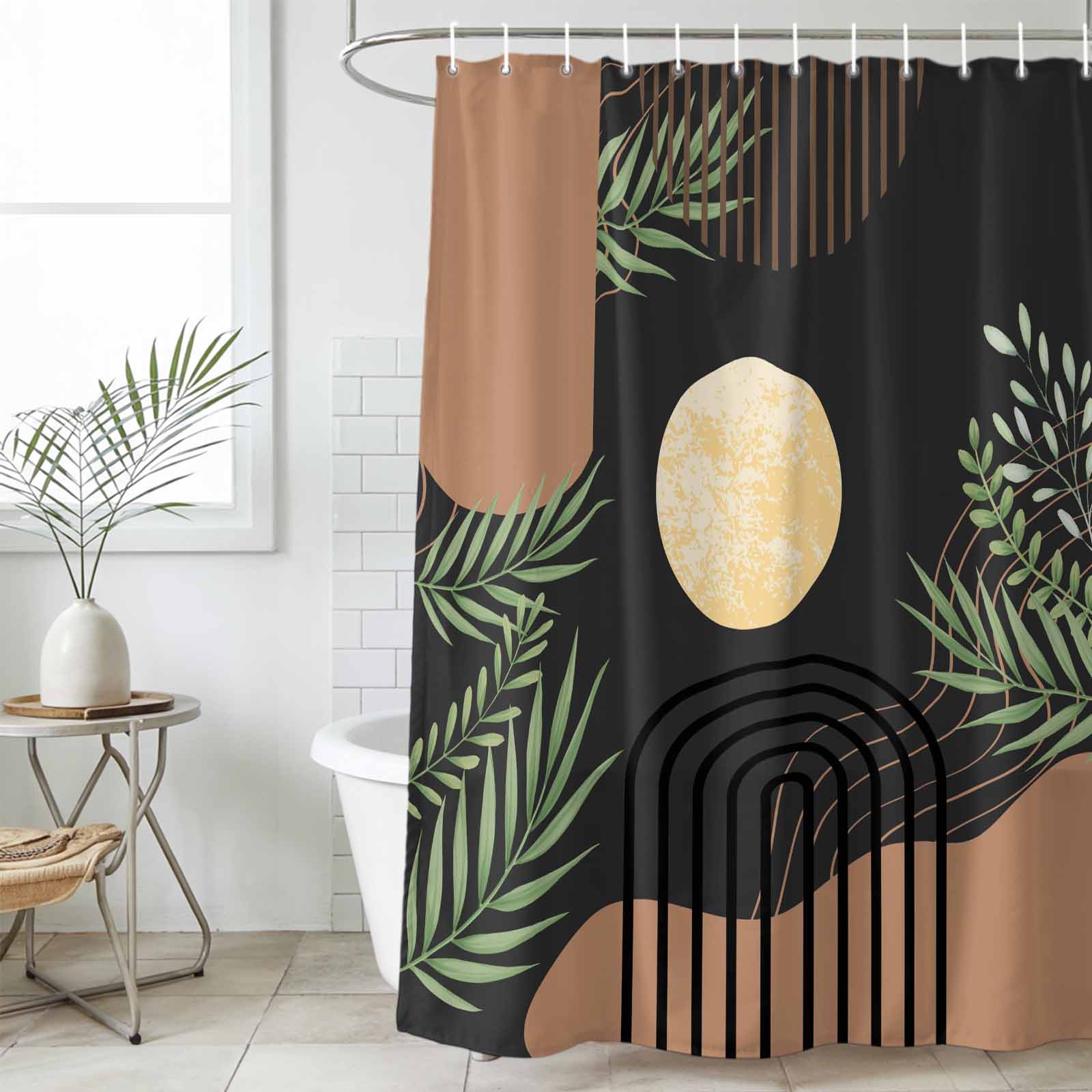 Boho Black Waterproof Fabric Shower Curtain,Brown Modern Stripes Moon ...