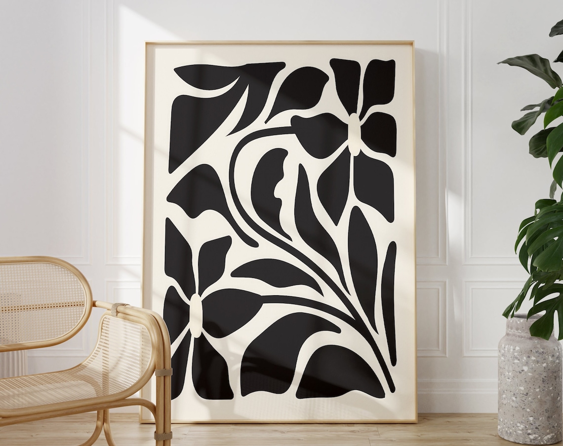 Boho Black And White Abstract Floral Design, Botanical Art, Black And ...