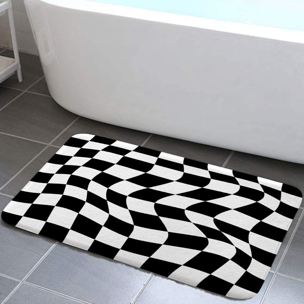 Boho Black and White Checkerboard Bath Rugs, Cute Aesthetic 60s 70s ...