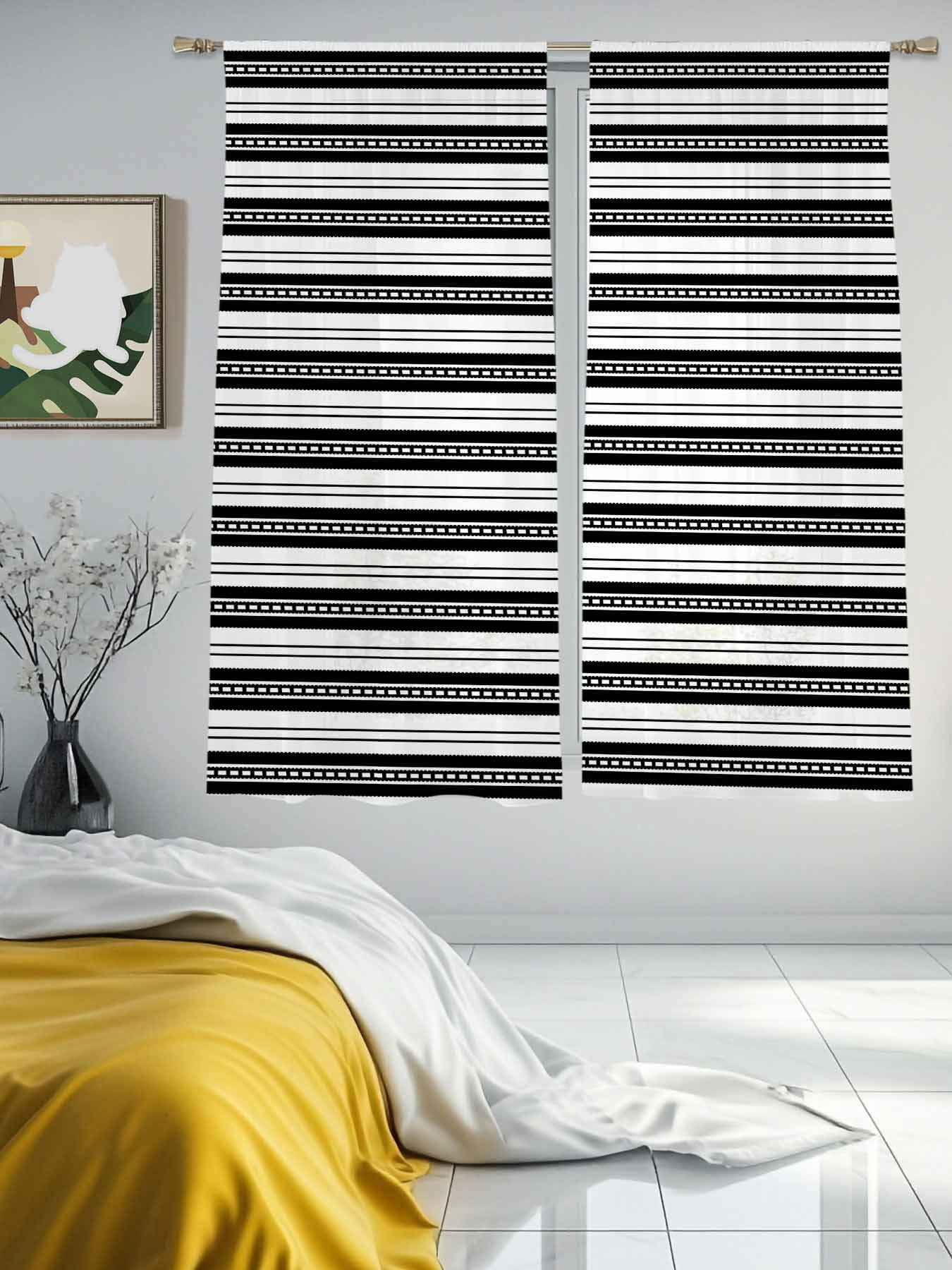 Boho Black White Lines Dots Sheer Curtains 2 Panels Set Abstract ...