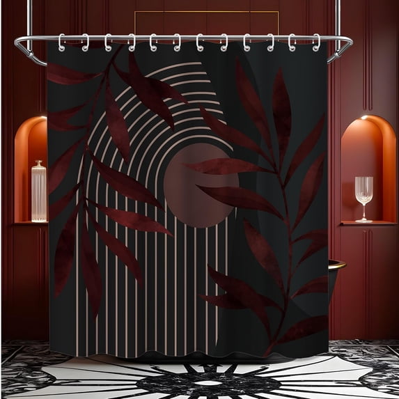 Boho Black and Dark Red Shower Curtain, Mid Century Modern Burgundy ...