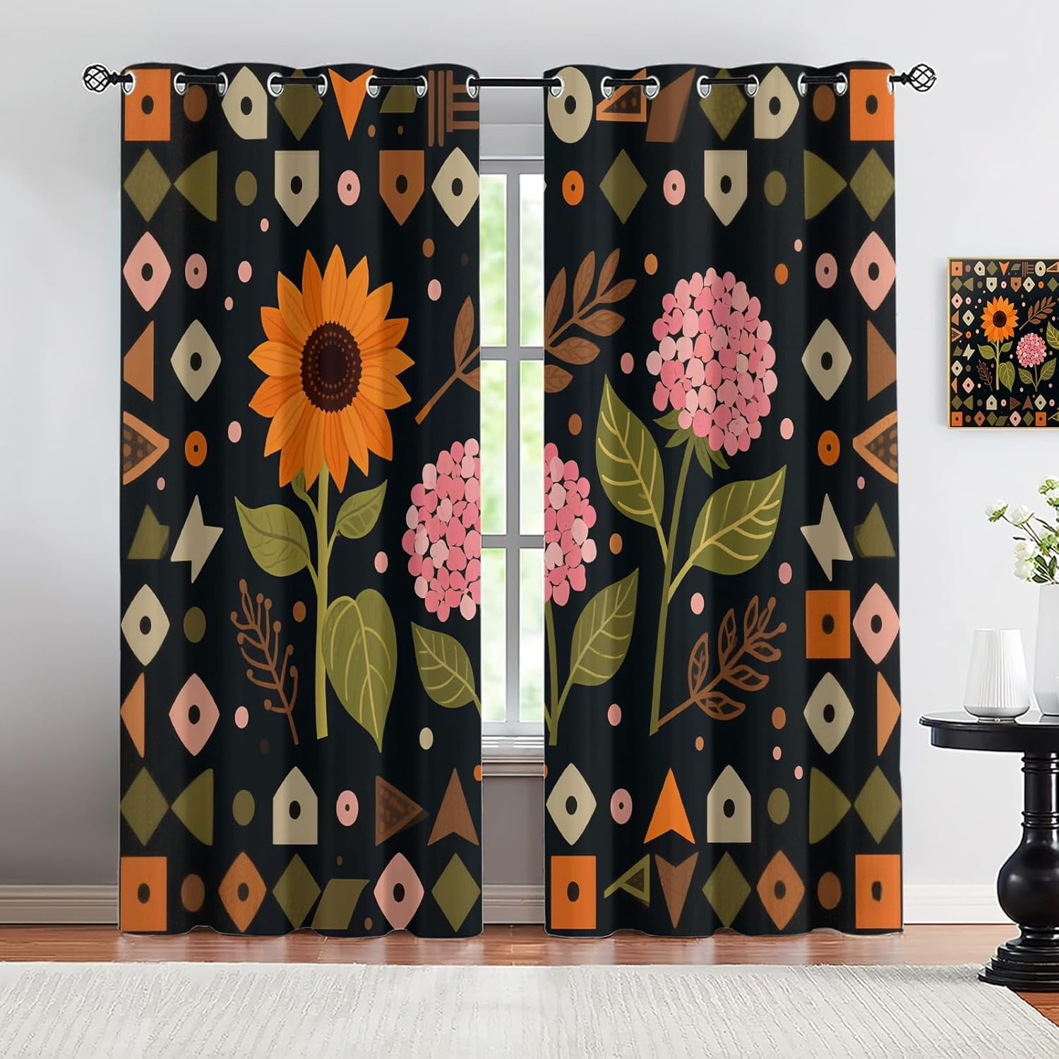 Boho Blackout Curtains, Sunflower Geometry Curtains for Living Room ...