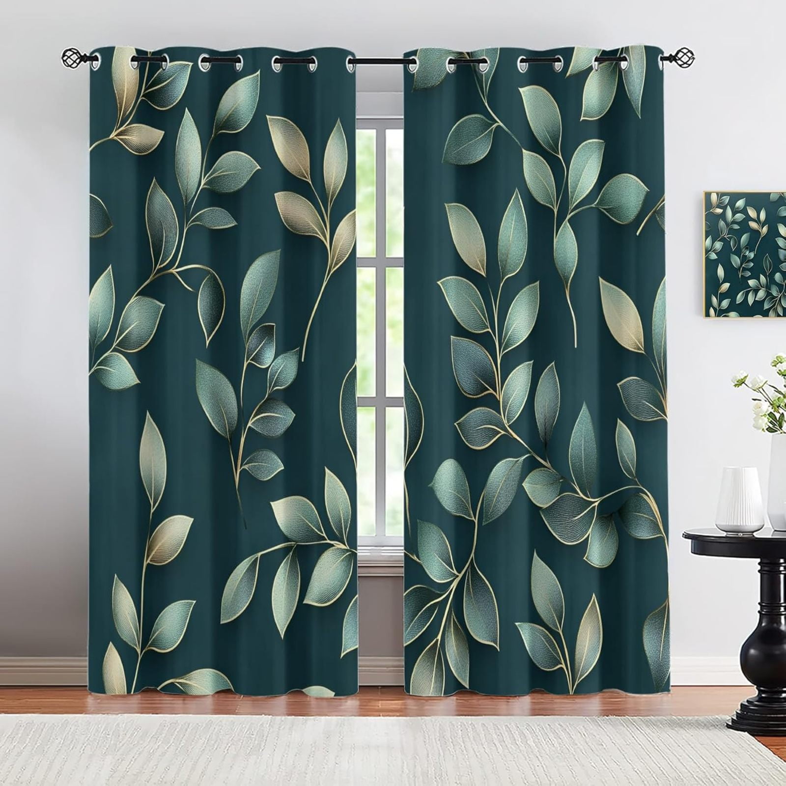 Boho Blackout Curtains, Turquoise Leaves Curtains For Living Room ...