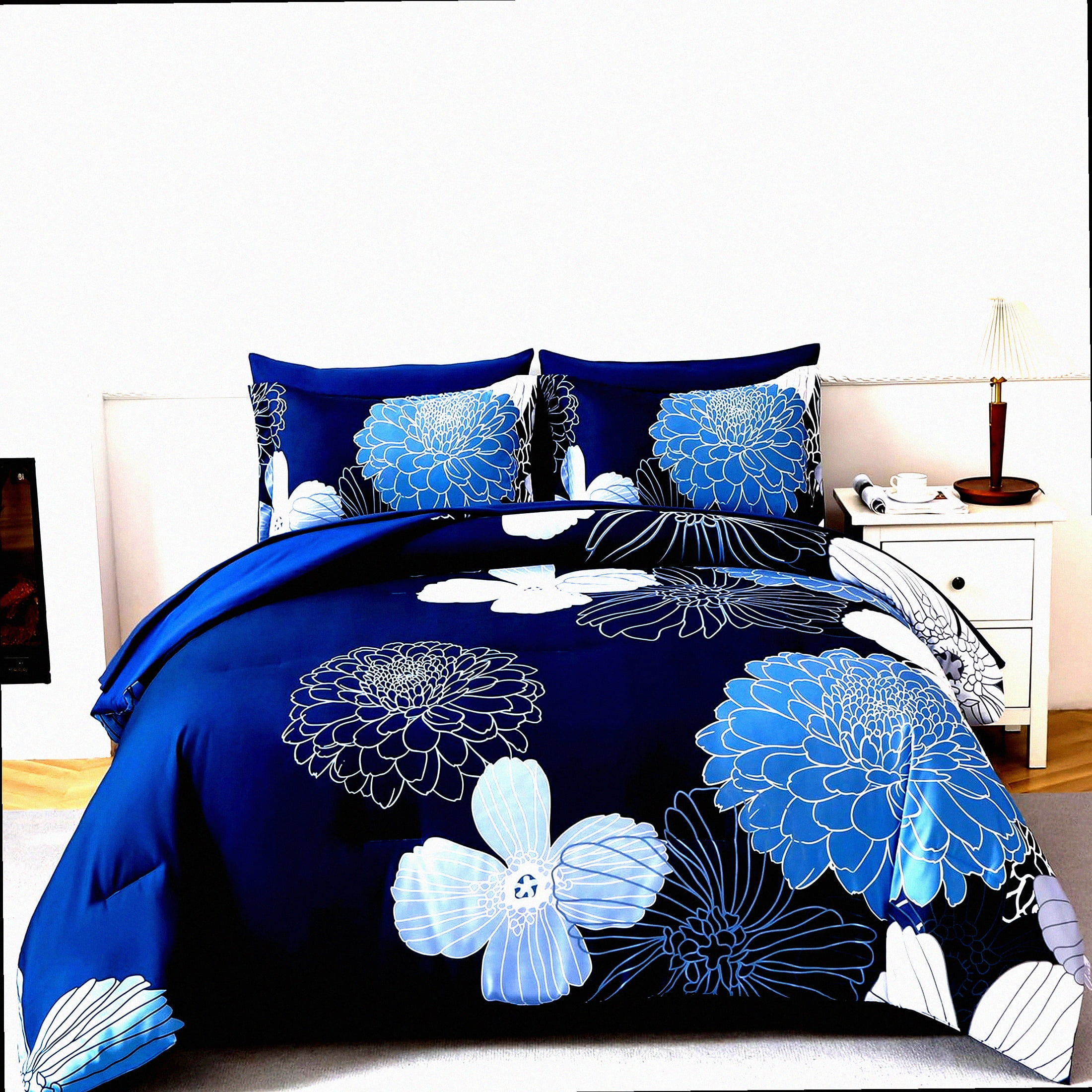 Boho Bloom Queen Comforter Set - Soft Microfiber Bedding with Blue ...