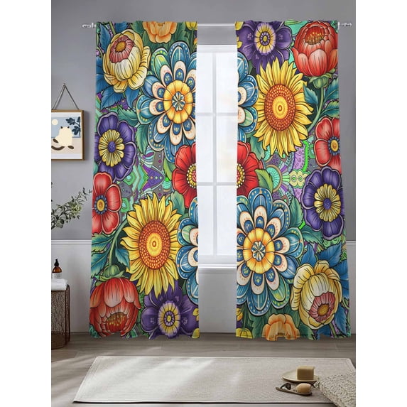 Boho Blossom Flower Seamless Chiffon Sheer Curtains 84 Inches Long ...