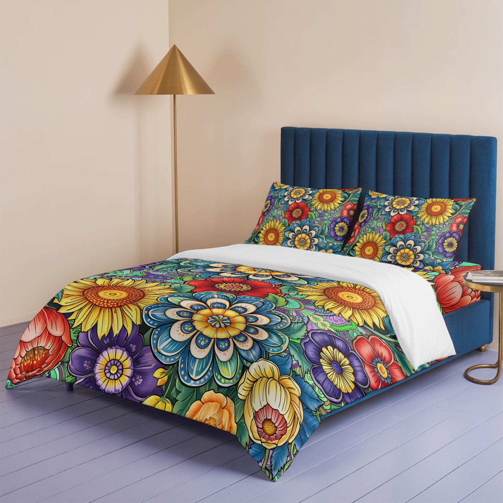 Boho Blossom Flower Seamless Queen Size Bed Set,Spring Ethinc Floral ...