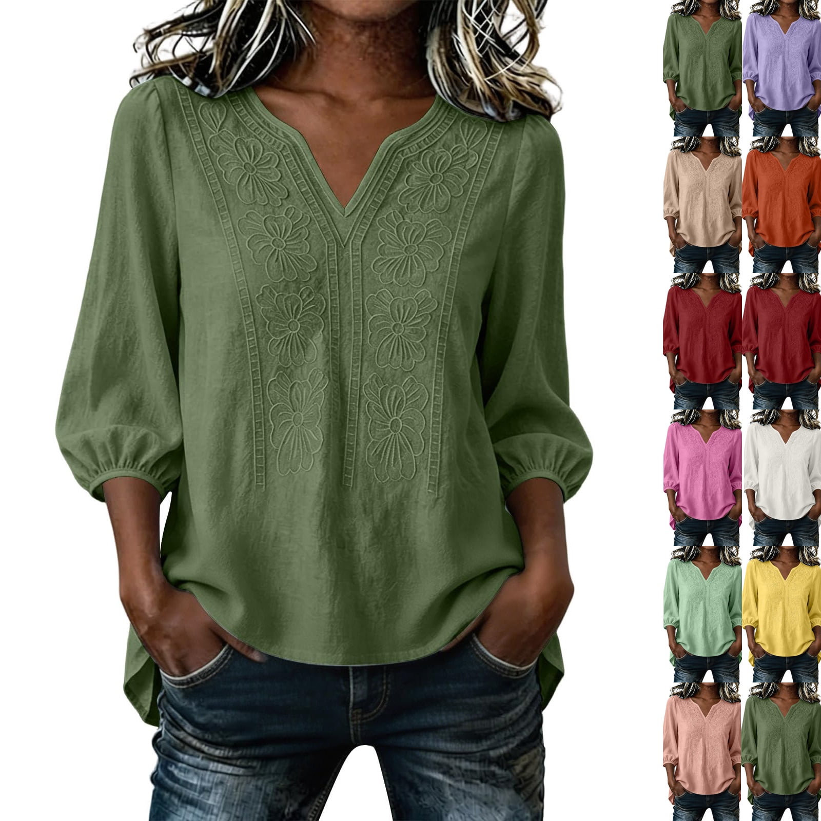 Boho Blouse for Women,Embroidered V Neck Cotton Linen Shirts,3/4 Sleeve ...
