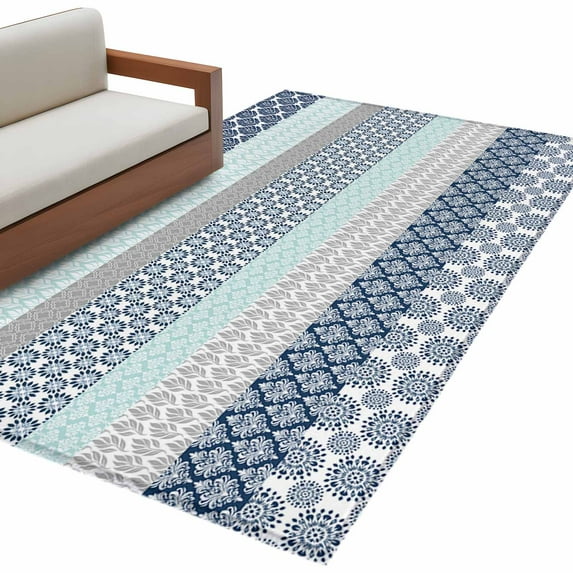 Boho Blue Aqua 3'x5' Washable Rug, Geometric Stripes Tribal Bohemia ...