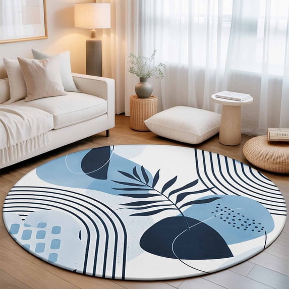 Boho Blue Arch Abstract Geometric Round Rug 5ft Tropical Palm Leaf ...