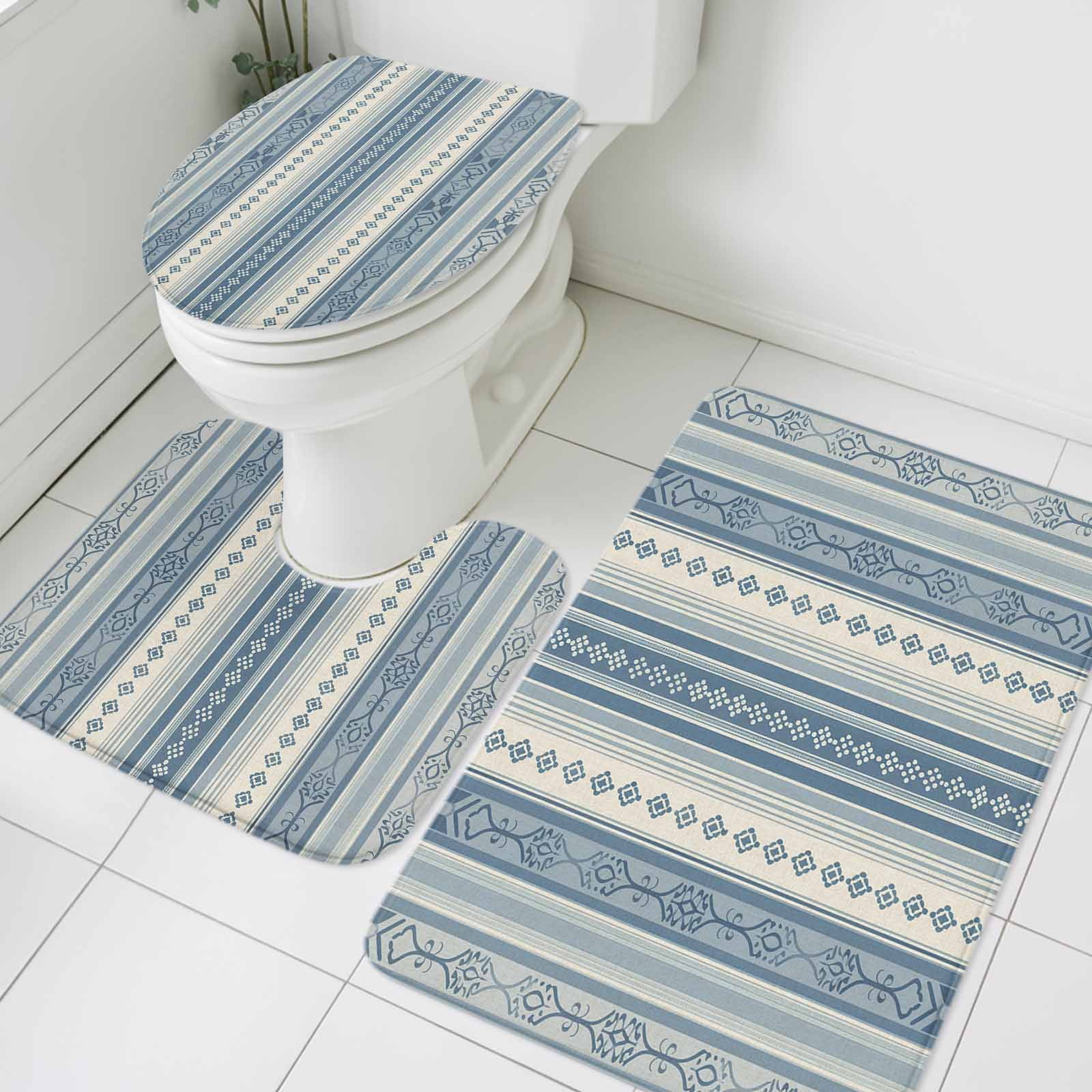 Boho Blue Bathroom Rugs Set Stripes Abstract Geometric Texture Non Slip ...