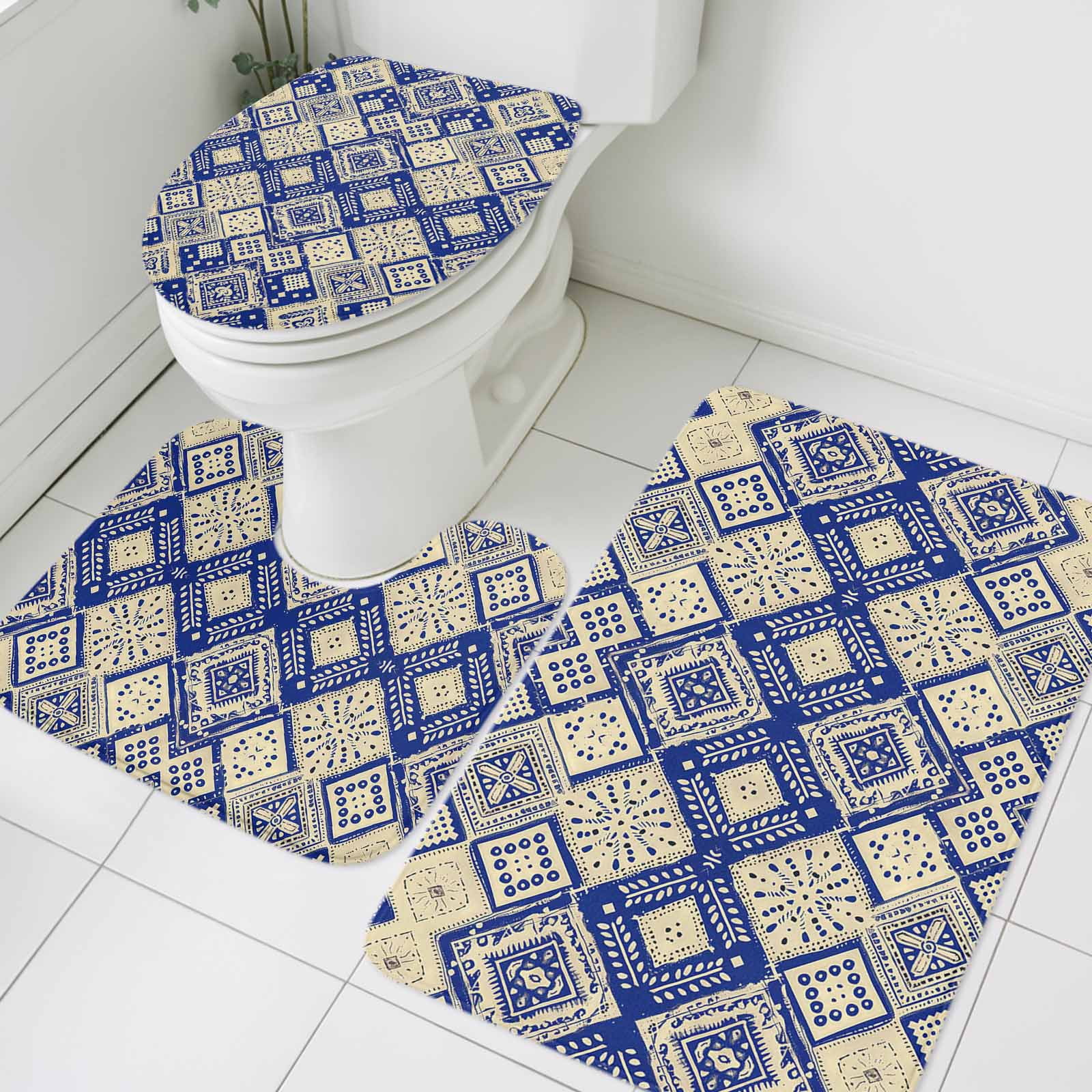 Boho Blue Bathroom Rugs Set Watercolor Flower Rhombus Polka Dot Non ...