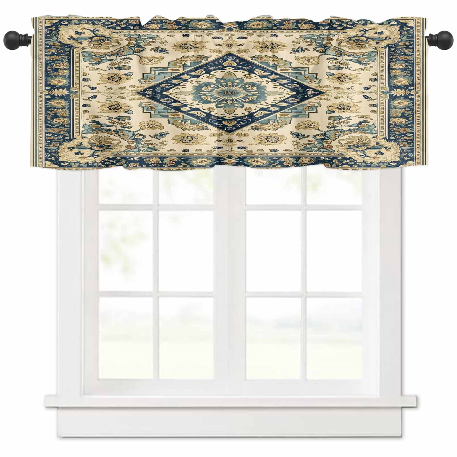 Boho Blue Beige Valances for Windows Farmhouse Kitchen Curtains ...
