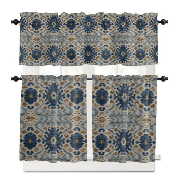 Boho Blue Brown Kitchen Curtains Valances and Tiers Set of 3, 24 Inch ...