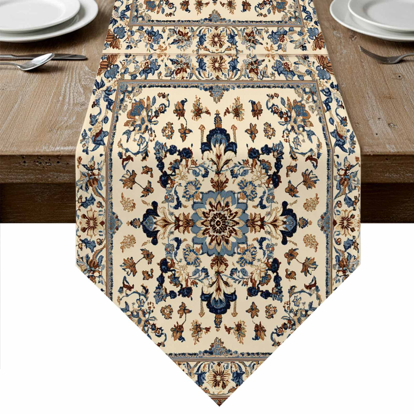 Boho Blue Brown Table Runner Linen Burlap Table Runner 72 Inches Long ...