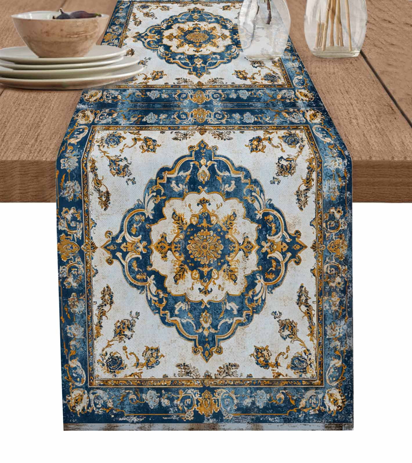 Boho Blue Burlap Cotton Table Runner 13x90 Inches Long, Vintage ...