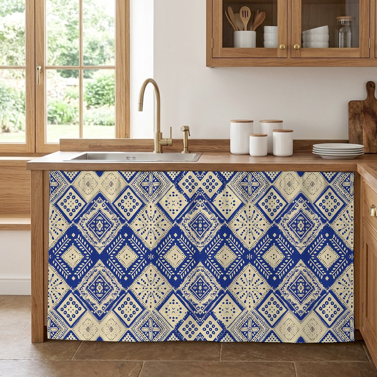Boho Blue Cabinet Curtains 32" W x 55" L, Watercolor Flower Rhombus ...